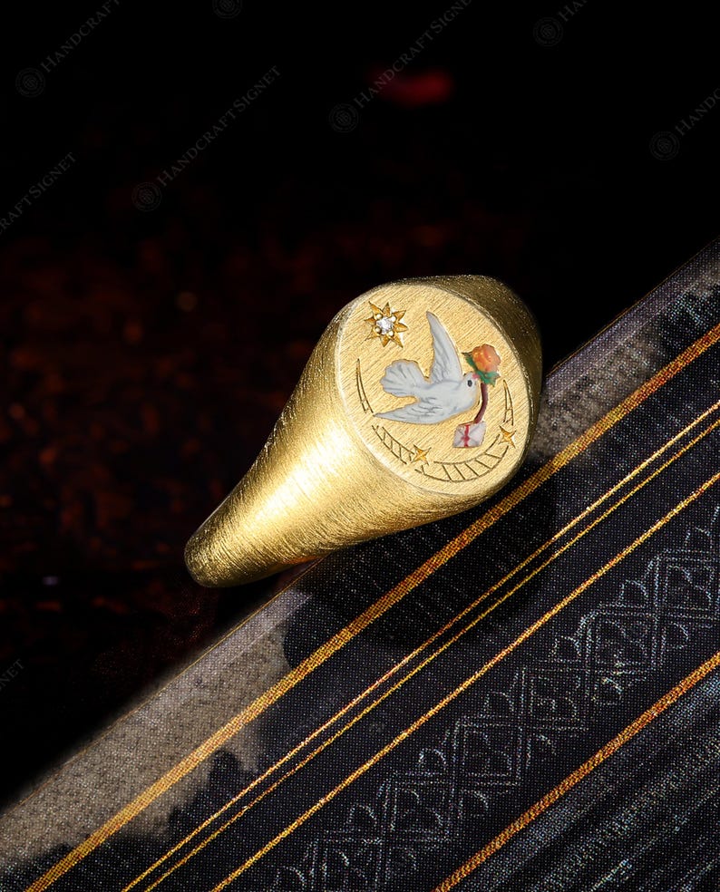 Vintage Hand-painted Dove Signet Ring, Unique Yellow Gold Peace Ring ...