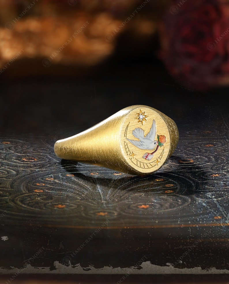 Vintage Hand-painted Dove Signet Ring, Unique Yellow Gold Peace Ring ...