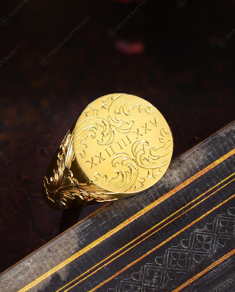 Custom Roman Numeral Signet Ring, Scrollwork Engraved Date Band ...