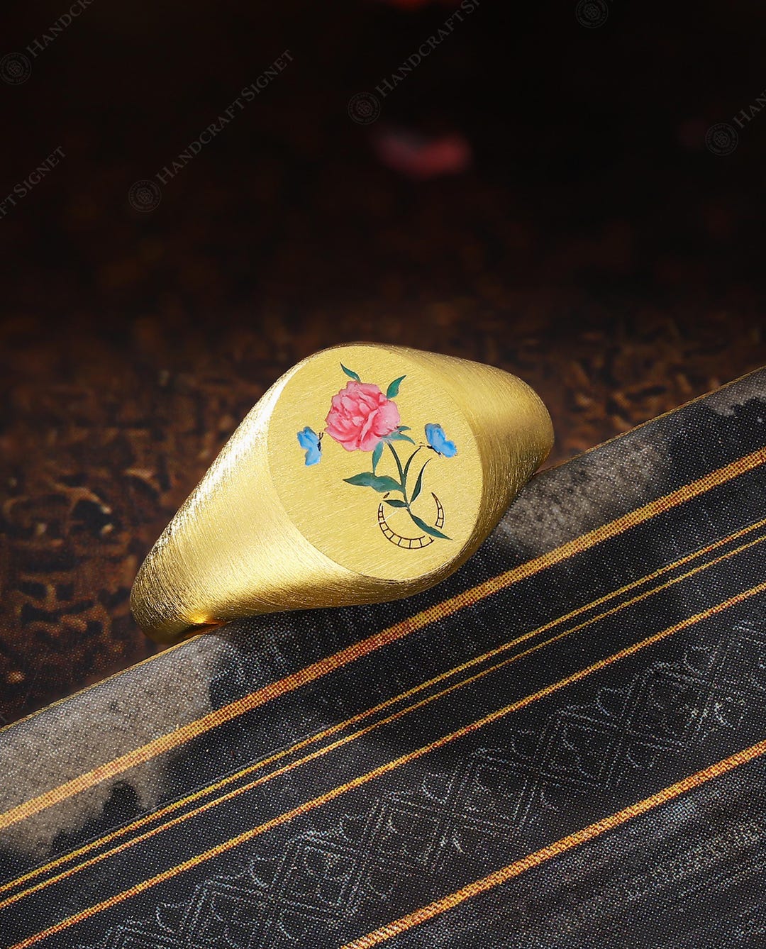 Rose Flower Signet Ring, Hand Painted Enamel Ring, Vintage Brushed ...