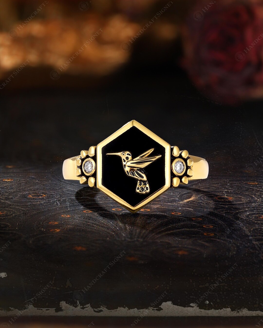 Vintage Hummingbird Hexagon Signet Ring, Gold Enamel Moissanite Band ...