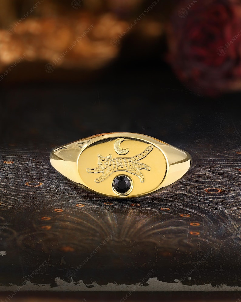Mystical Cat Signet Ring, Crescent Moon Black Onyx Ring, Witchy ...