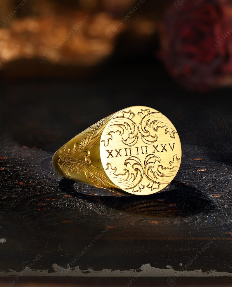 Custom Roman Numeral Signet Ring, Scrollwork Engraved Date Band ...