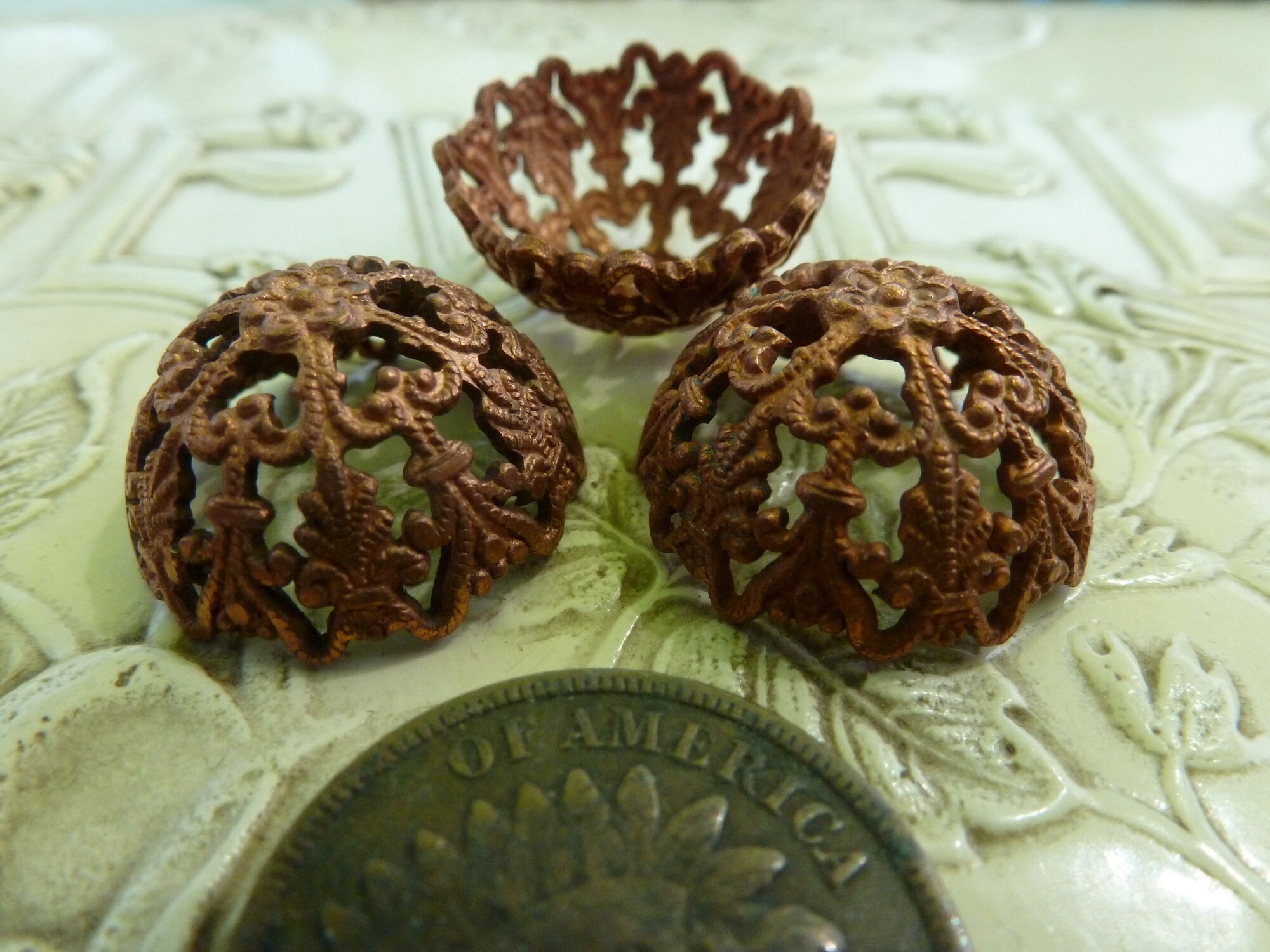 2 Vintage Bead Caps, 1940s Round Unplated Raw Ginger Brass Jewelry Glue ...