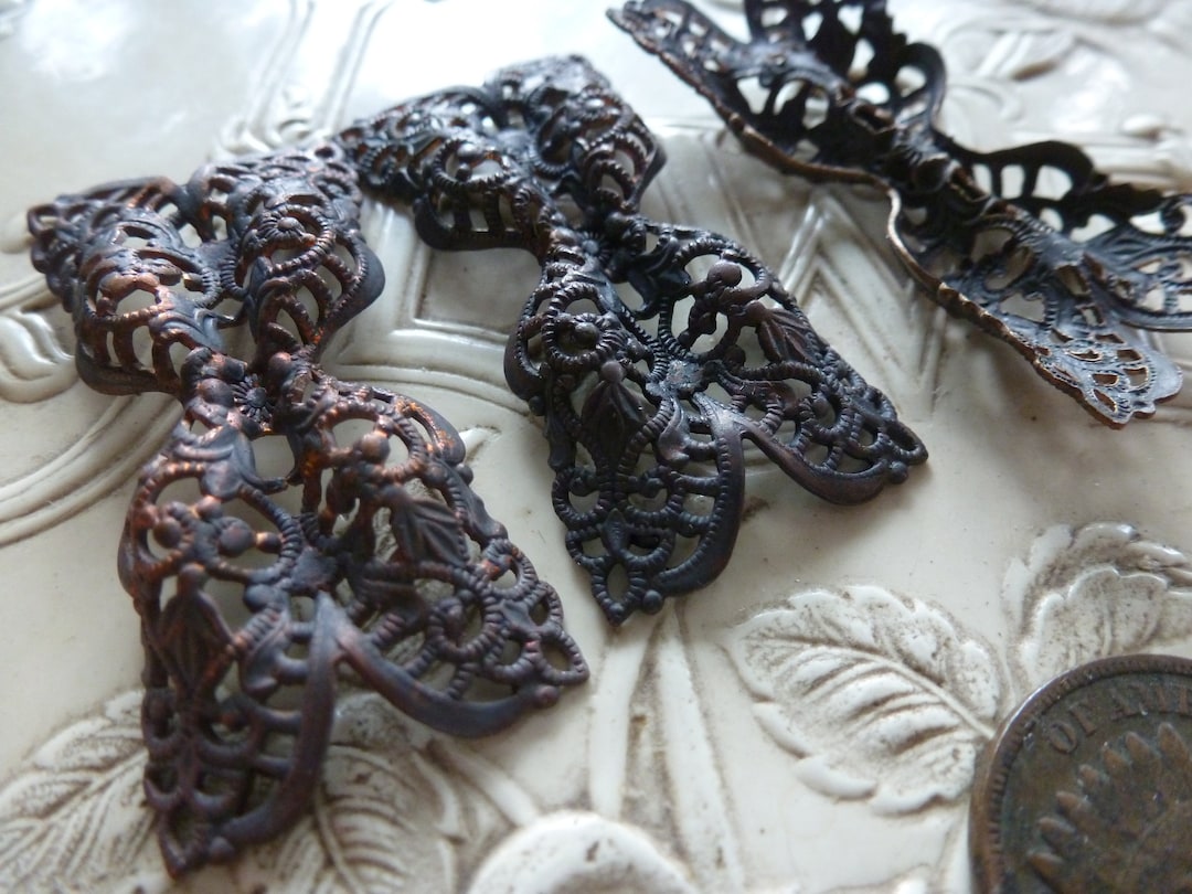 2 Vintage DARK Dapped Filigree, 1940s+ Art Noveau Style Bow Tie Shaped ...
