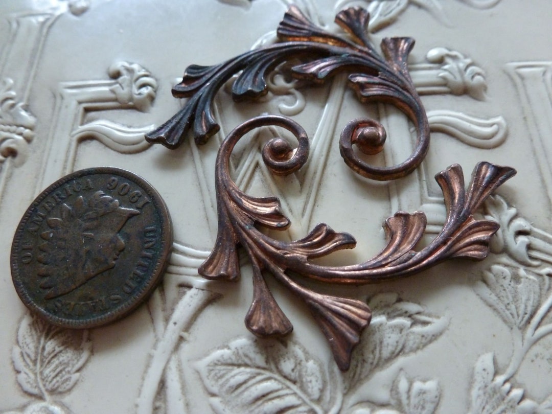 1 Vintage CAST or Die Struck Raw Unplated Brass, Dark Tone Swirly Leaf ...