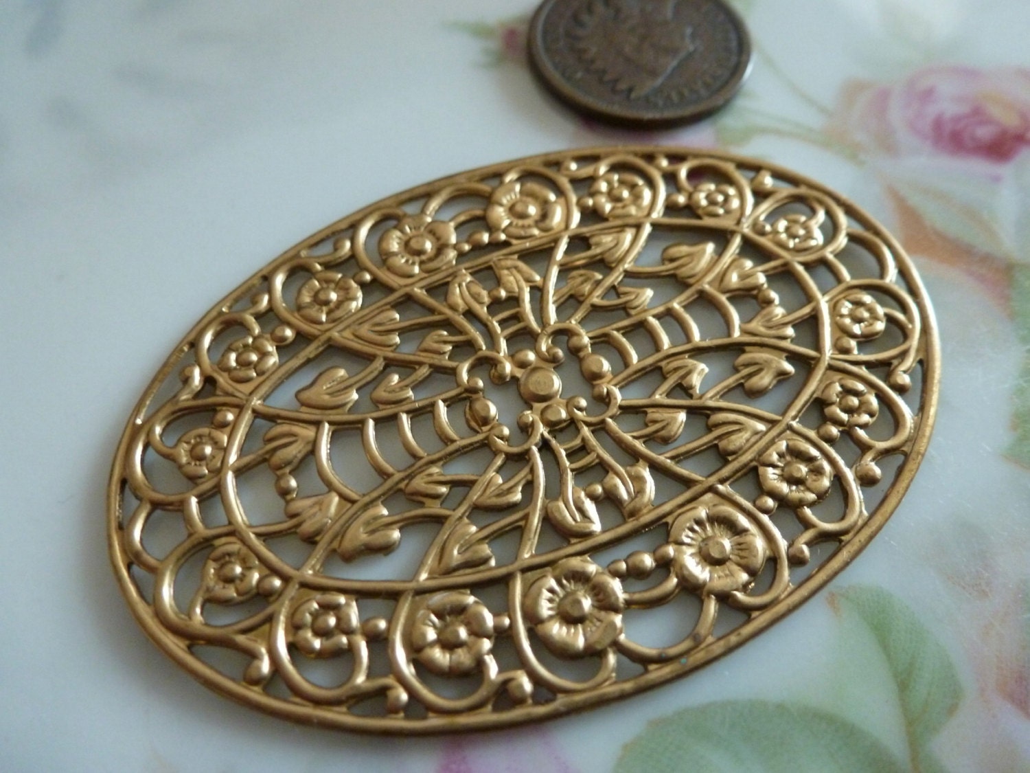 Vintage Floral Filigree 1950s Large Oval Brass Plated Steel | Etsy