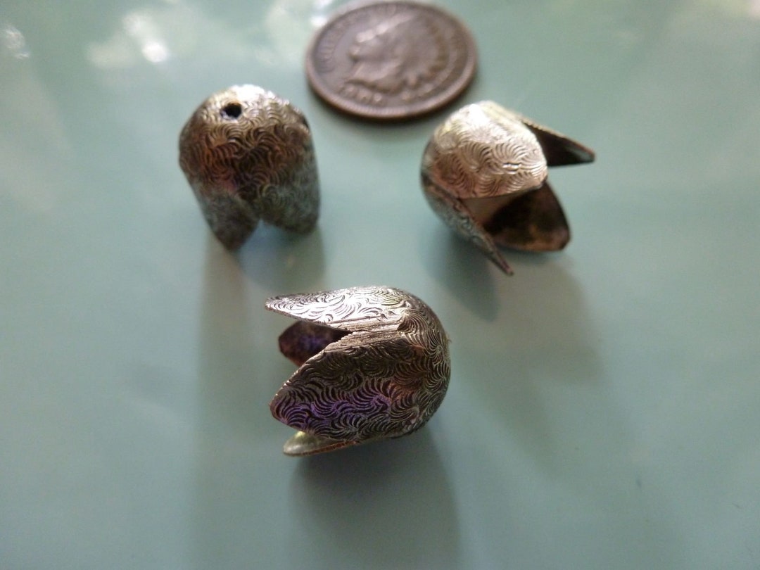 3 Vintage Textured Antique Silver Brass Bead Caps 13mm Tall X 11mm C52 ...