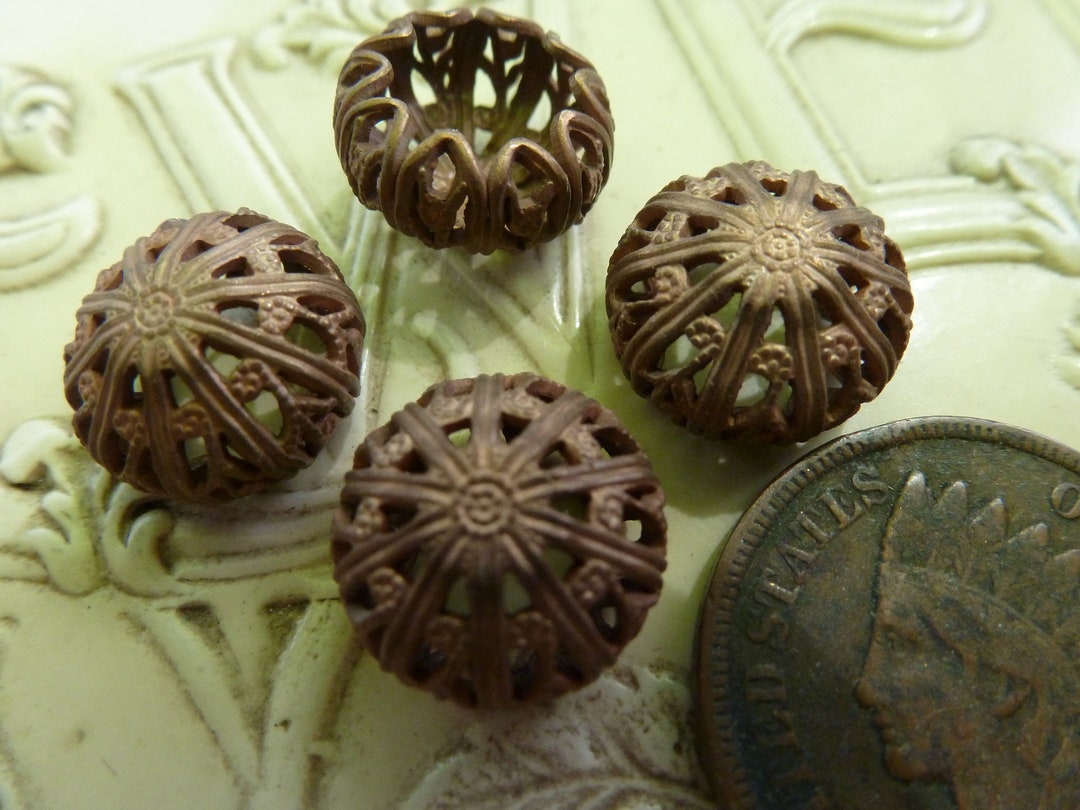 4 Vintage Bead Caps, 1940s Round Unplated Raw Brass Jewelry Glue on ...