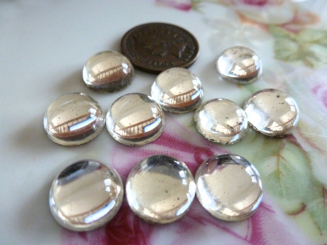 10 Vintage Clear Round Glass Cabs, Smooth Round Tops, Gold Foiled Flat ...