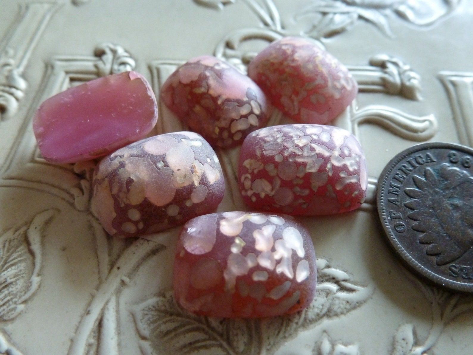 2 Vintage Old School Pink Mottled German Art Glass Stones, Cabs, 16 X ...
