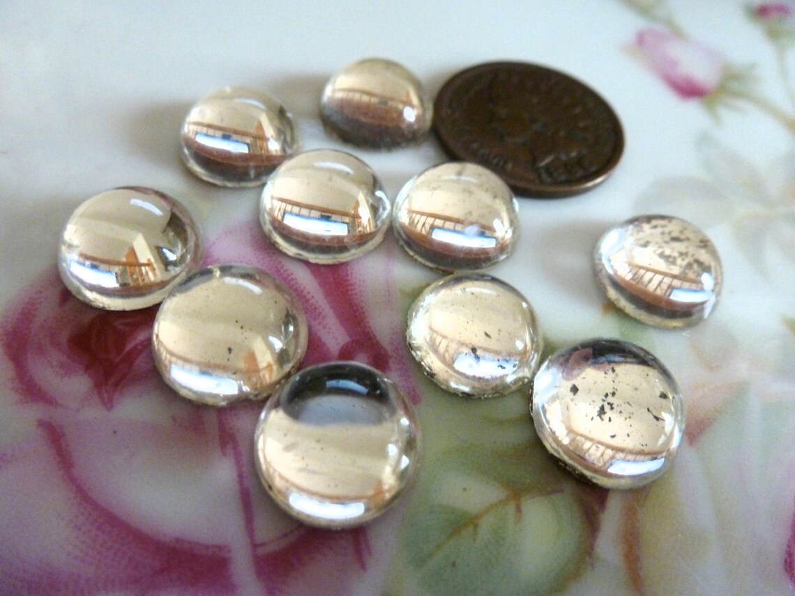 10 Vintage Clear Round Glass Cabs, Smooth Round Tops, Gold Foiled Flat ...