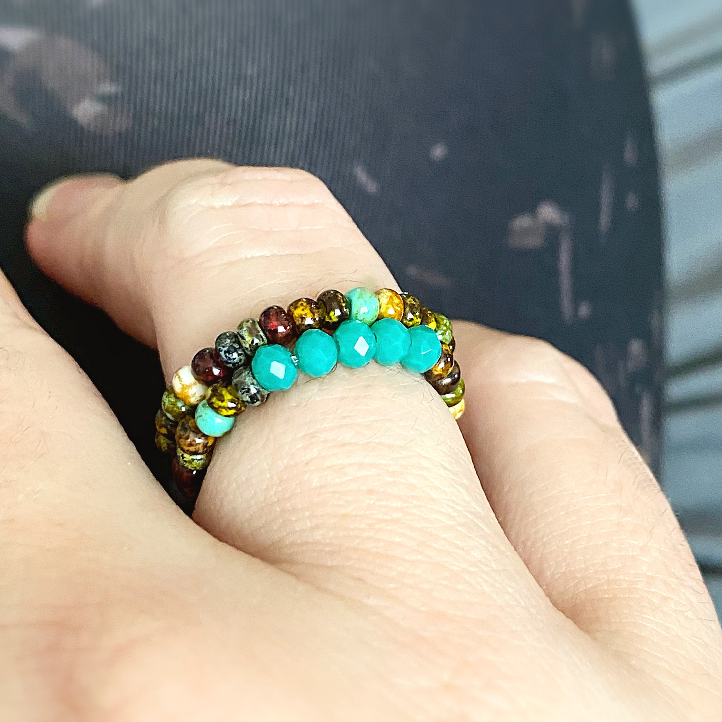 Turquoise Crystal Picasso Stretch Ring Set Stackable Bead | Etsy