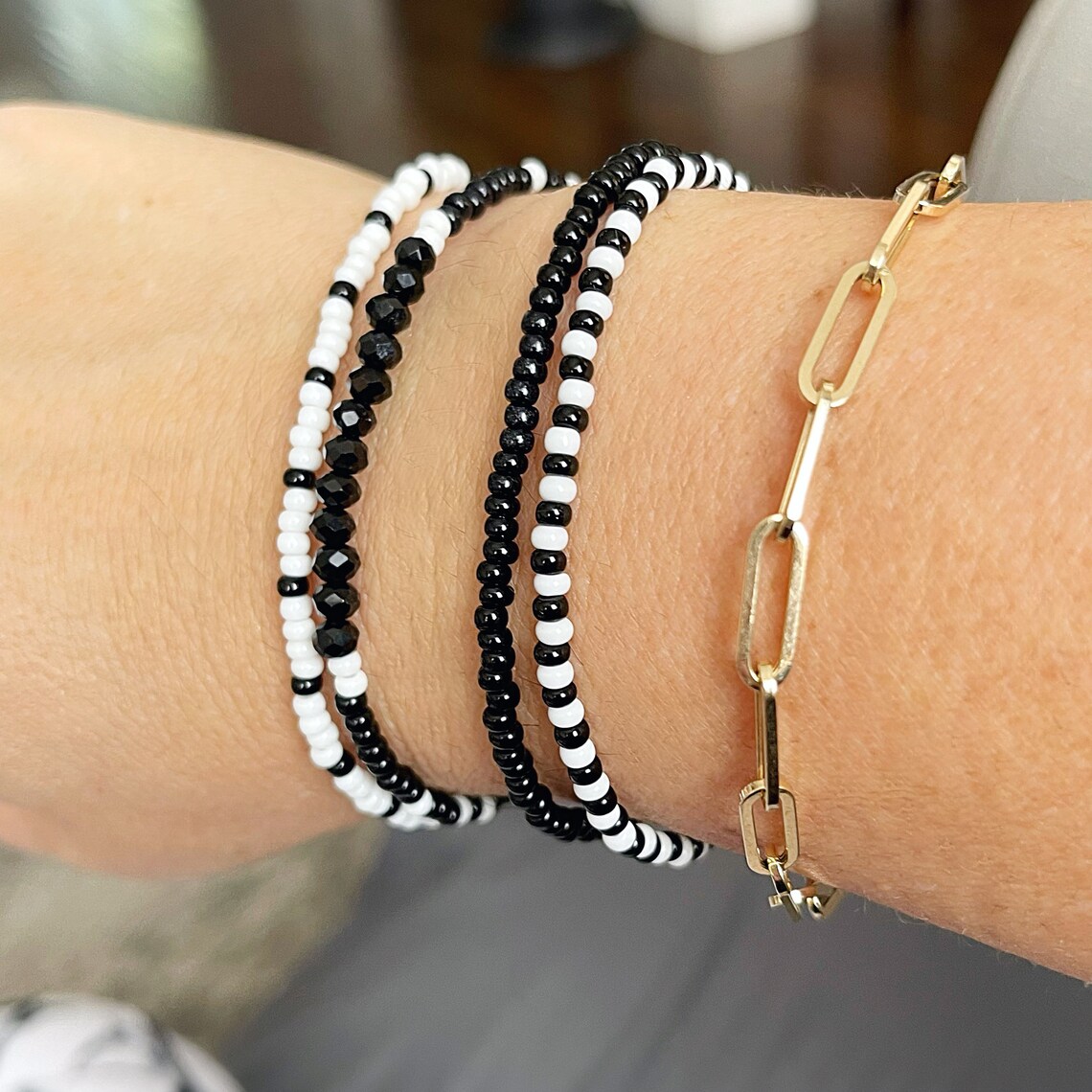 Black and White Beaded Bracelet Set: Stackable Stretch Bracelets - Etsy