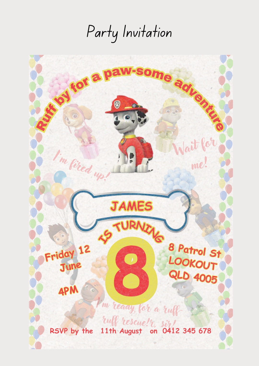 Personalized Paw Patrol Marshall Party Invitation. Printable & Digital ...