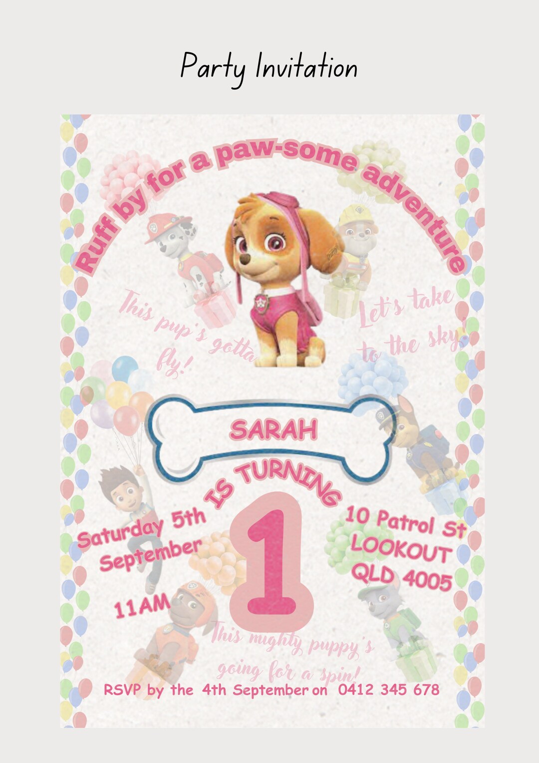 Personalized Paw Patrol Skye Party Invitation. Printable & Digital ...