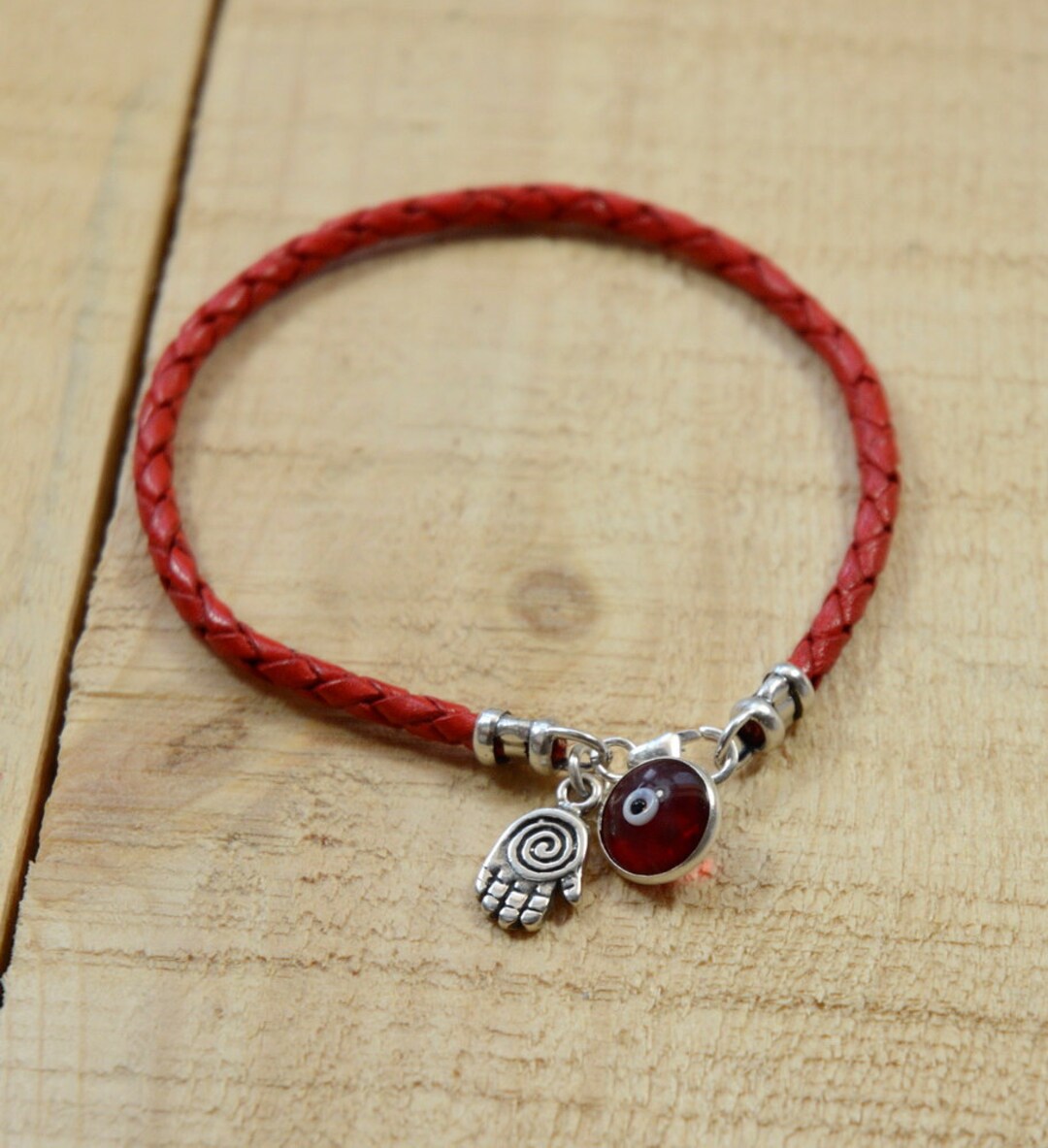 Red Braided Leather Hamsa Charm Bracelet With Red Evil Eye Charm for ...