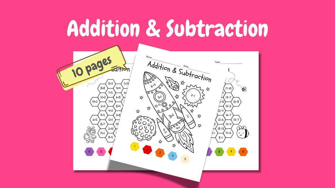 Addition & Subtraction Coloring Worksheets: Preschool Kindergarten Math ...