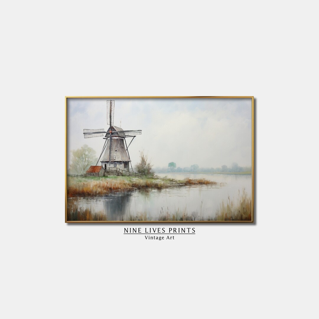 Moody Lakeside Windmill, Vintage Oil Painting, Digital Download Art ...