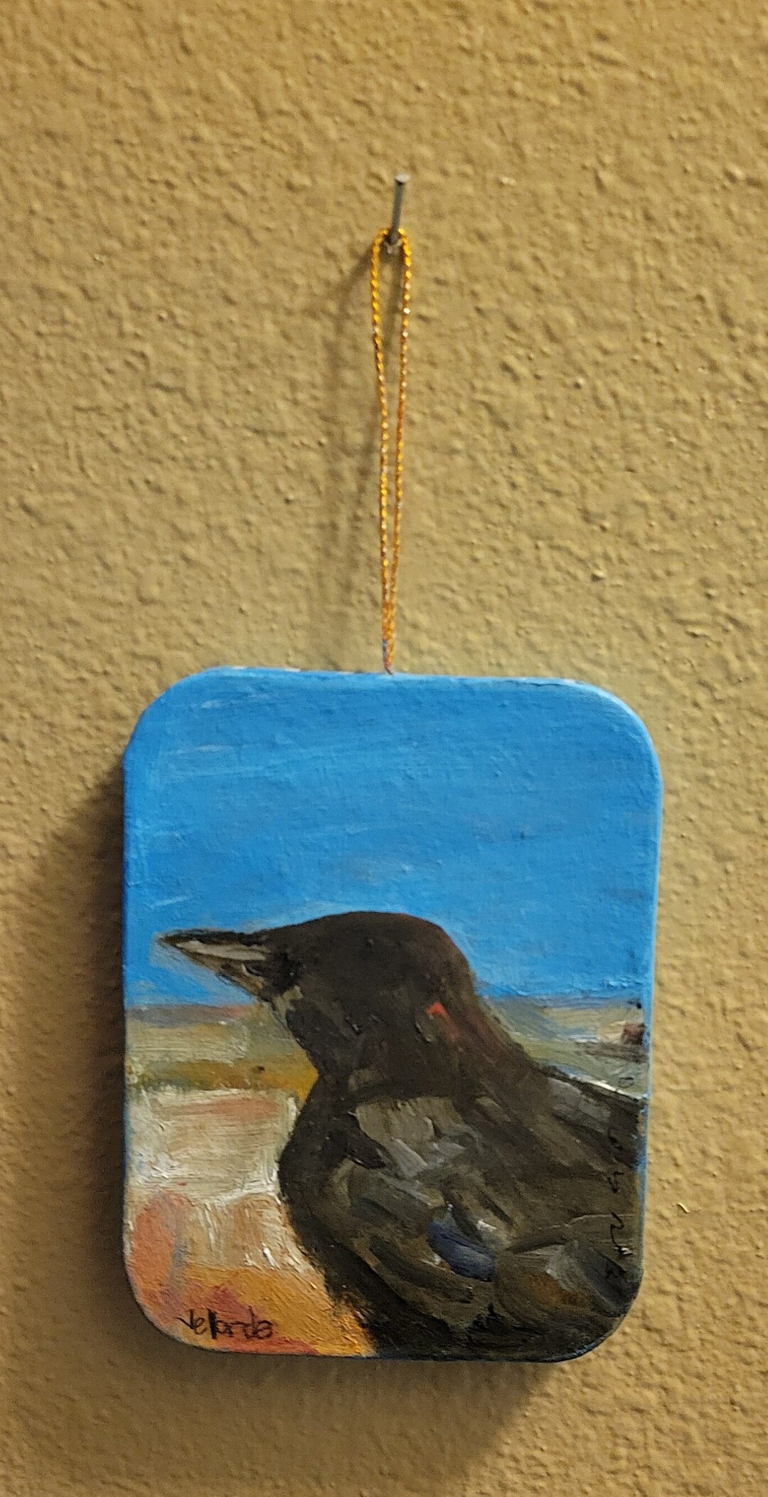 Original CROW RAVEN Oil Painting on Paper Mache Ornament Mini, Signed ...