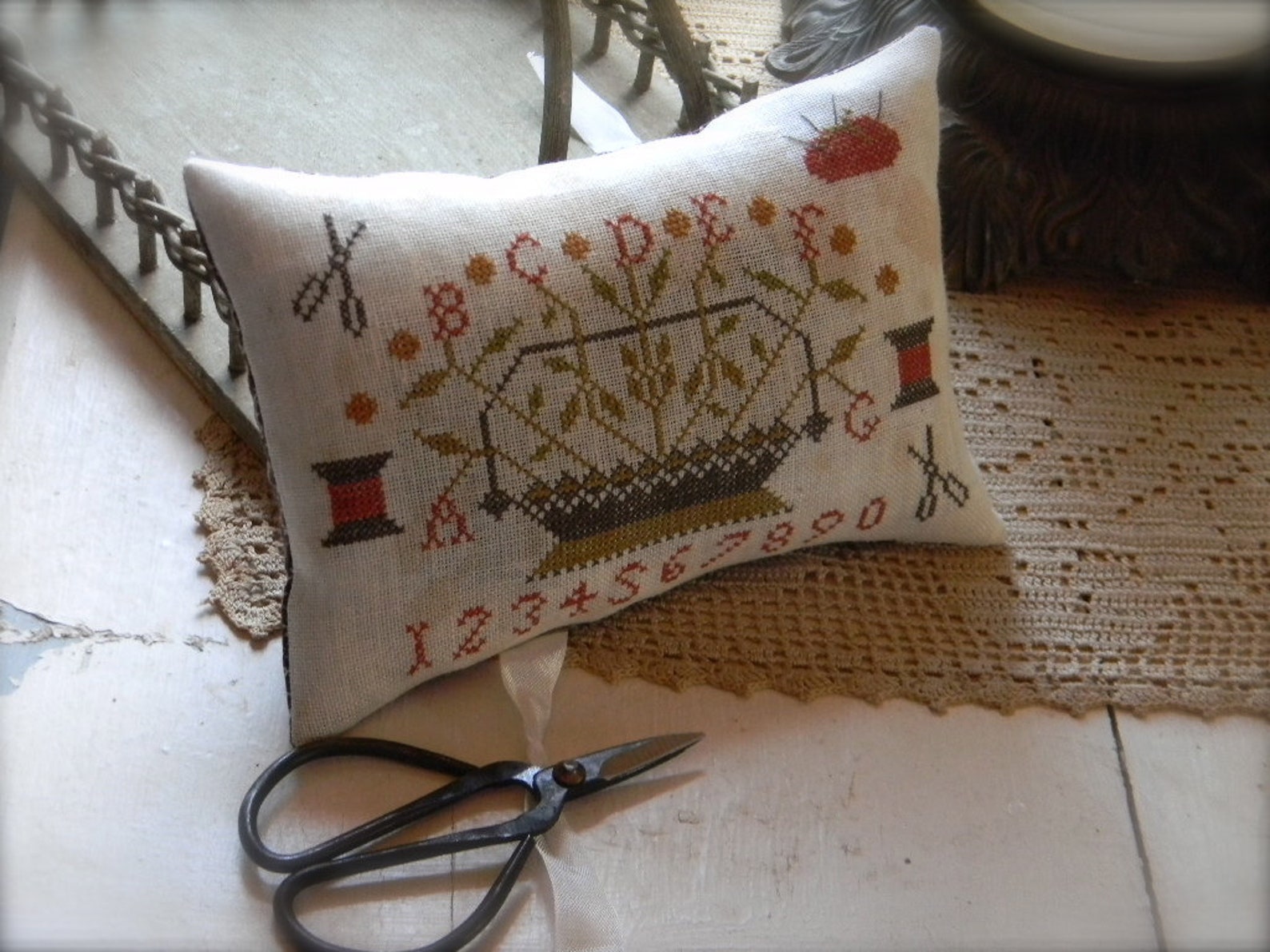 Retired Cross Stitch Club Pattern ~ Sewing Basket Scissors Pillow ...