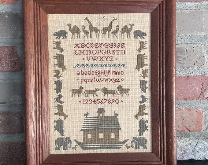 Noah's Ark Linen Sampler Cross Stitch: Framed Vintage Early American ...