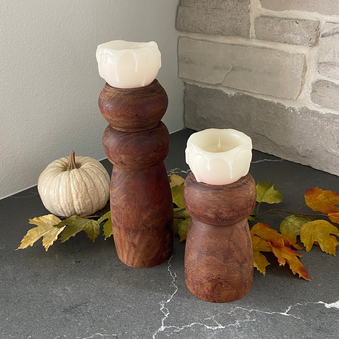 Walnut Wood Pedestal Riser Pillar Candle Holder Set of 2 Handmade Home ...