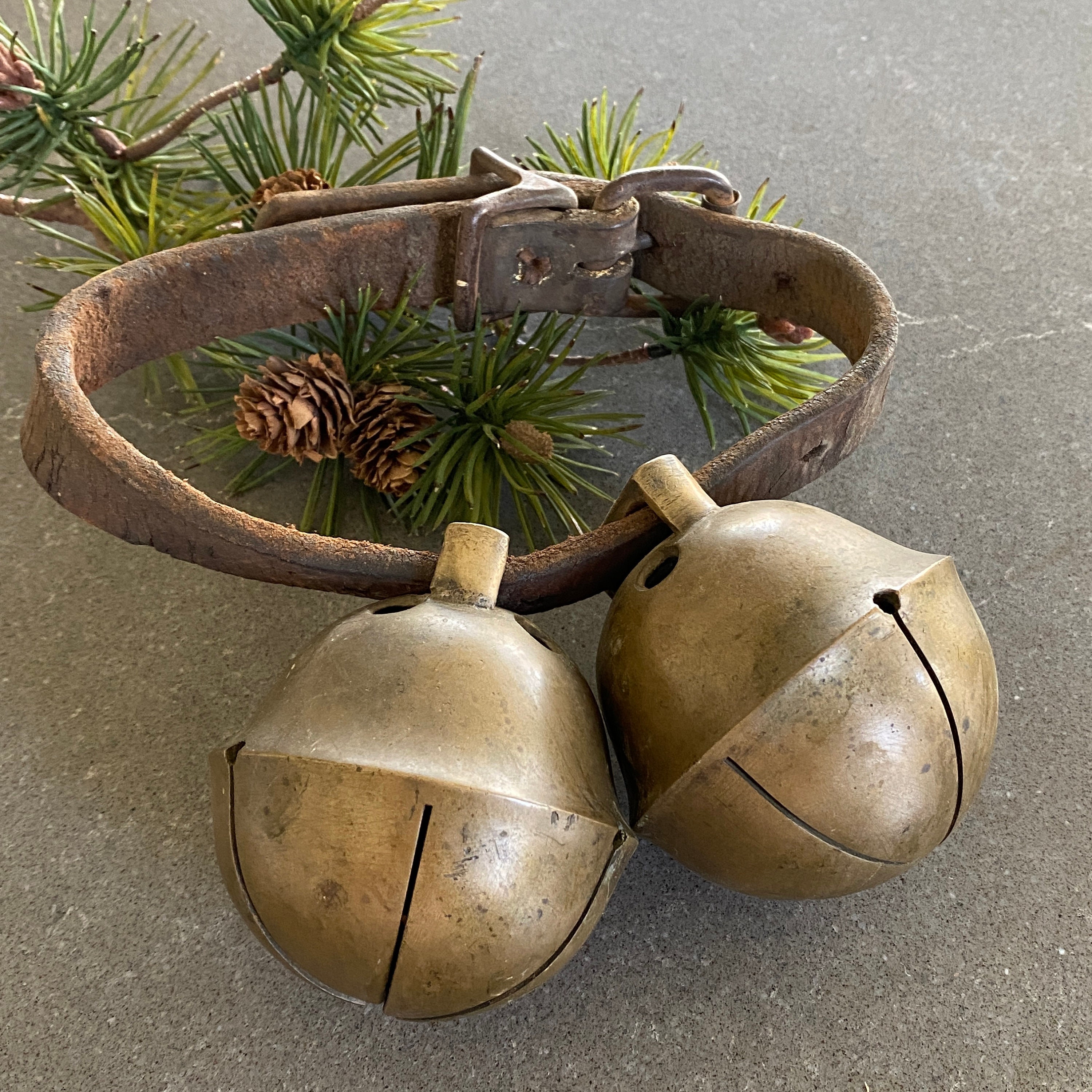 Brass Sleigh Bells Large on Leather Strap Petal Sides Antique Christmas ...