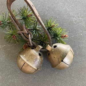 Brass Sleigh Bells Large on Leather Strap Petal Sides Antique Christmas ...