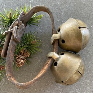 Brass Sleigh Bells Large on Leather Strap Petal Sides Antique Christmas ...