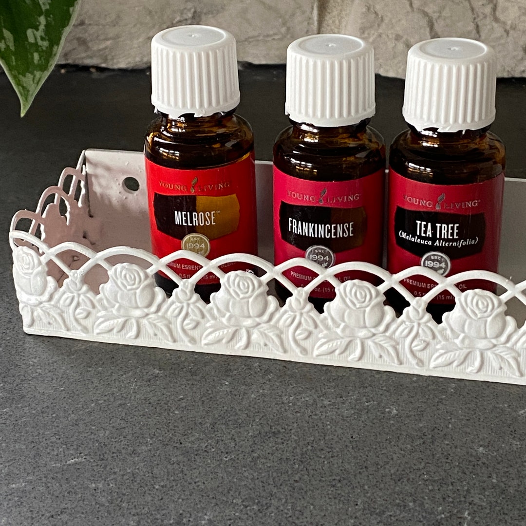 White Metal Ledge Shelf Embossed Rose for Essential Oils, Spices, Kitchen Office or Bath Vintage ...