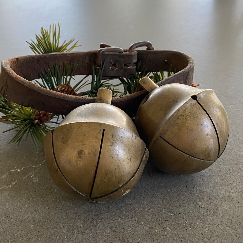 Brass Sleigh Bells Large on Leather Strap Petal Sides Antique Christmas ...