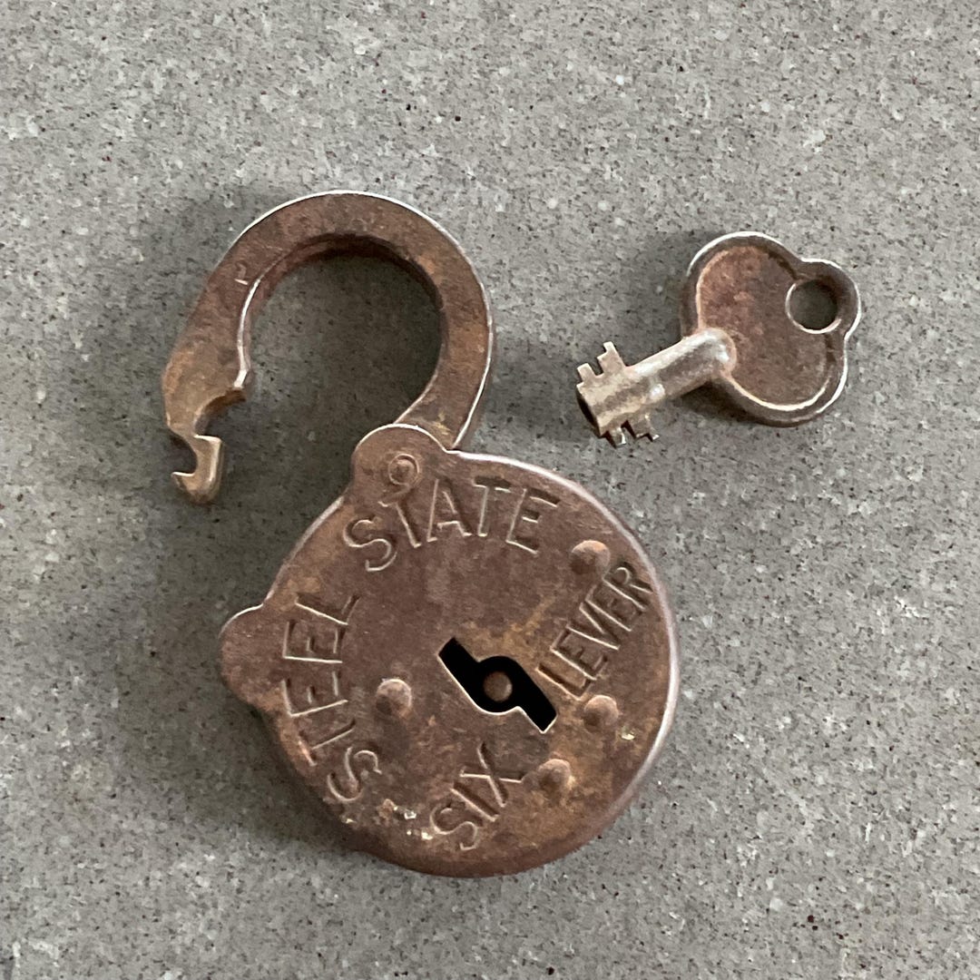 Vintage Padlock Steel State Six Lever With Key Working Primitive ...