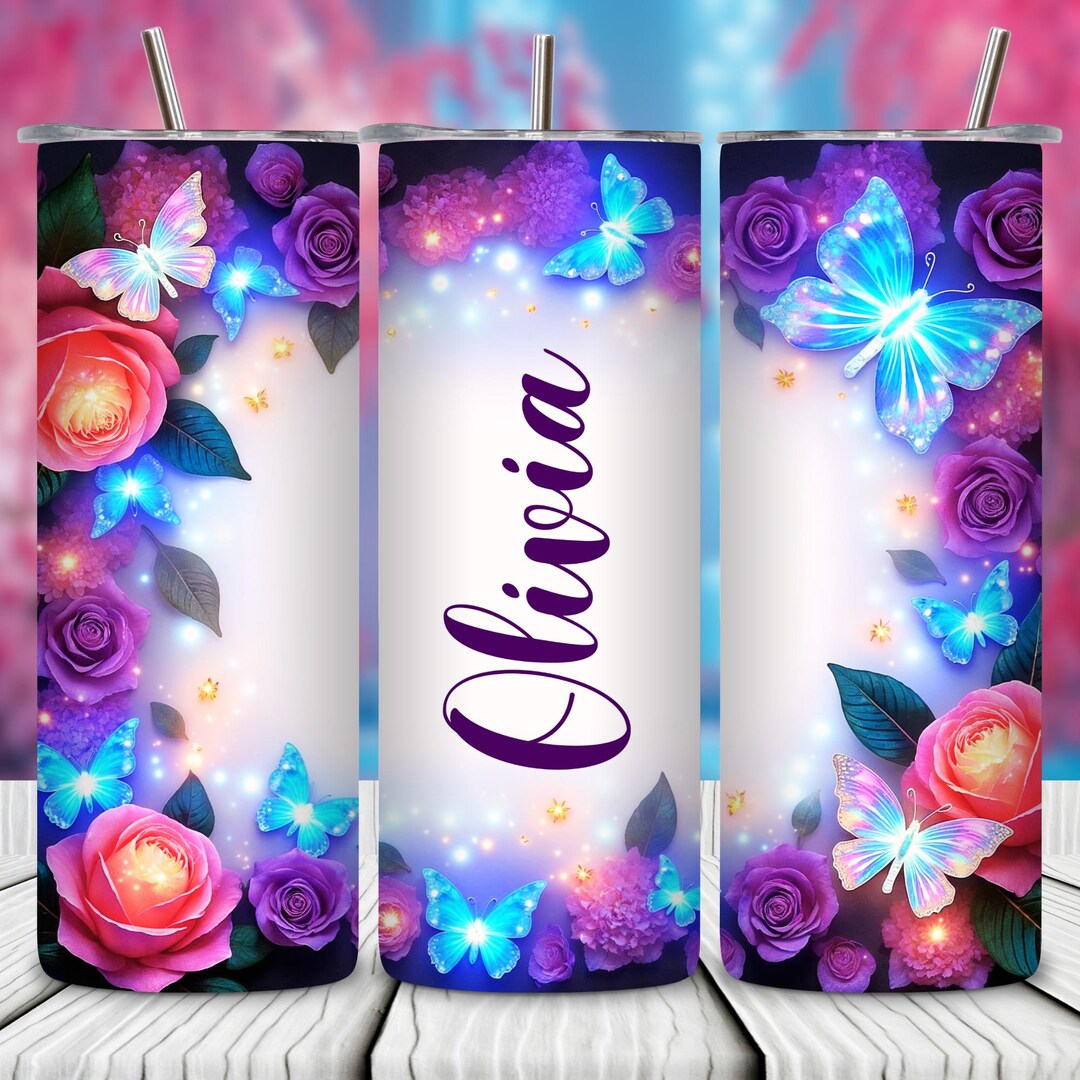 Neon Glow Butterfly Rose Tumbler Wrap PNG Add Your Name Purple Blue 20 ...