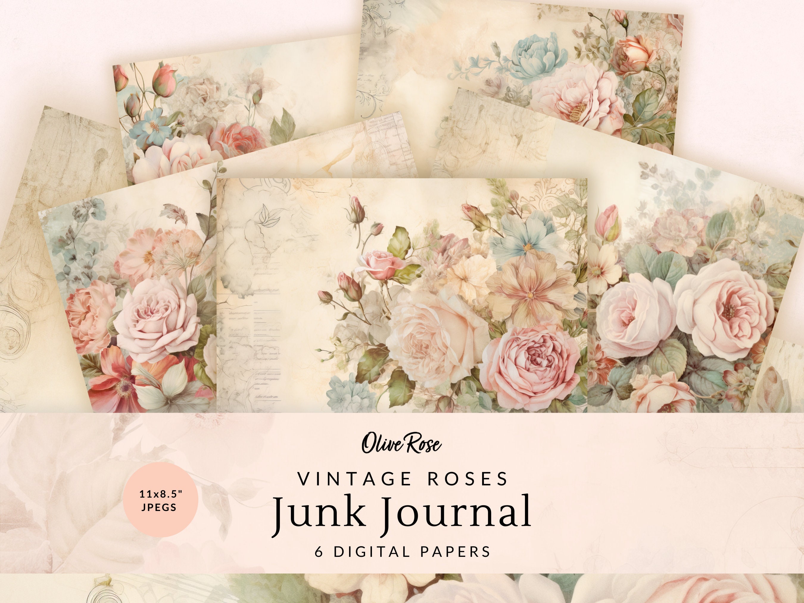 Vintage Rose Junk Journal Digital Papers | Pink Floral Pages ...
