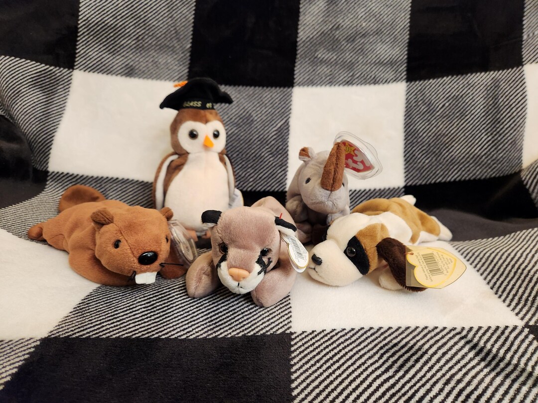 Beanie Baby Bucky the Beaver Bernie the Saint Bernard Dog Wise the Owl ...