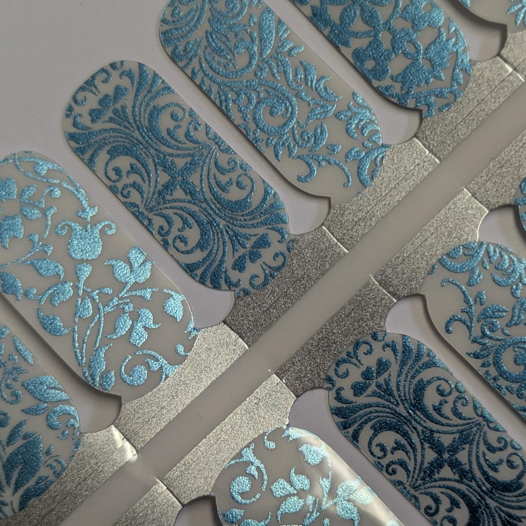 Metallic Blue Tapestry Transparent Overlay Nail Wraps, Nail Strips ...