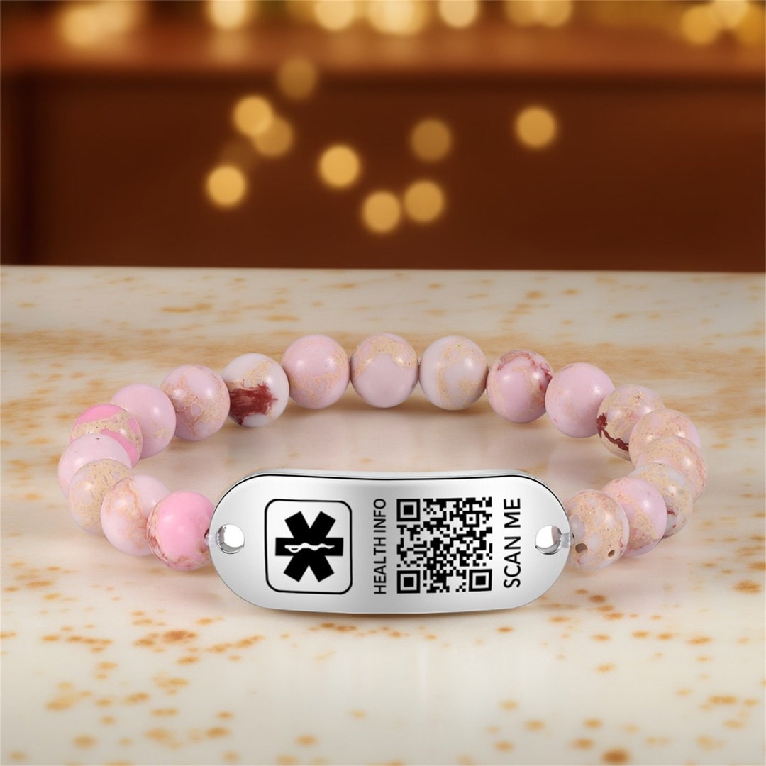 Custom QR Code Medical ID Beaded Bracelet, Women Medical Alert Bracelet ...