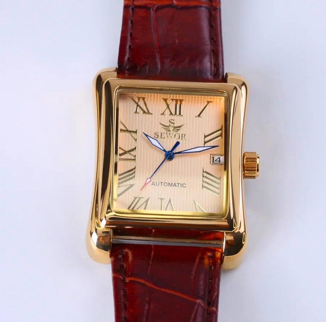 Classic Gold Rectangular Automatic Watch With Leather Strap - Etsy