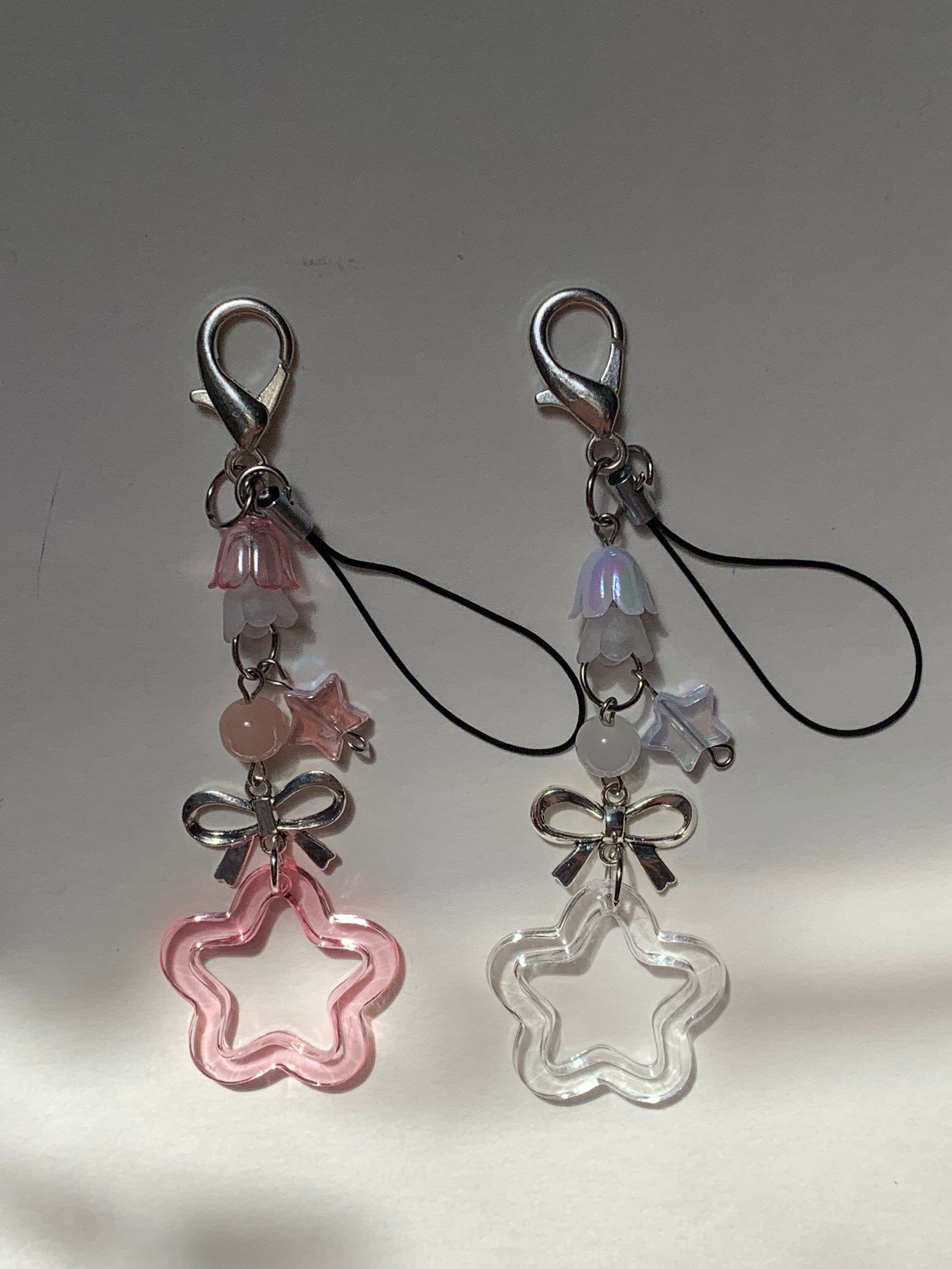 Pink White Star Matching Beaded Keychain Phone Charm Keychain in One ...