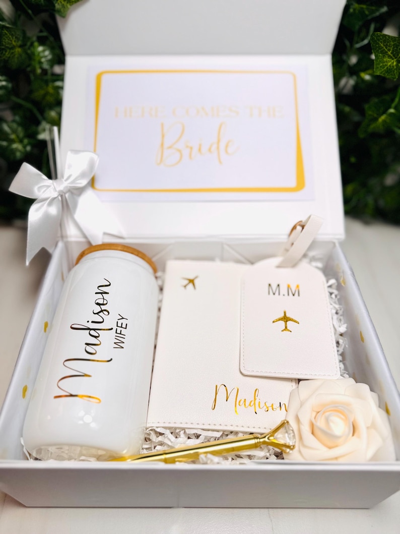Personalized Bride Gift Box: Tumbler, Passport Holder & Luggage Tag - Etsy