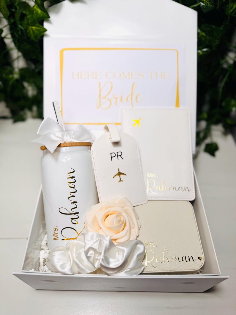 Personalized Bride Gift Box: Tumbler, Passport Holder & Luggage Tag - Etsy