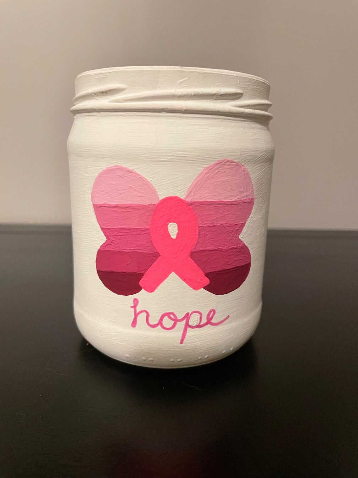 Breast Cancer Awareness hope Pink Ribbon Butterfly Painted Craft Jar ...