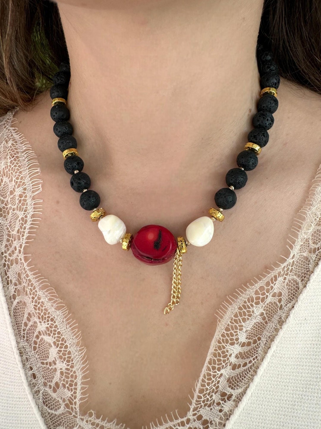 Lava Stone Necklace, Coral Stone Choker, Lava Rock Jewelry, Volcanic ...