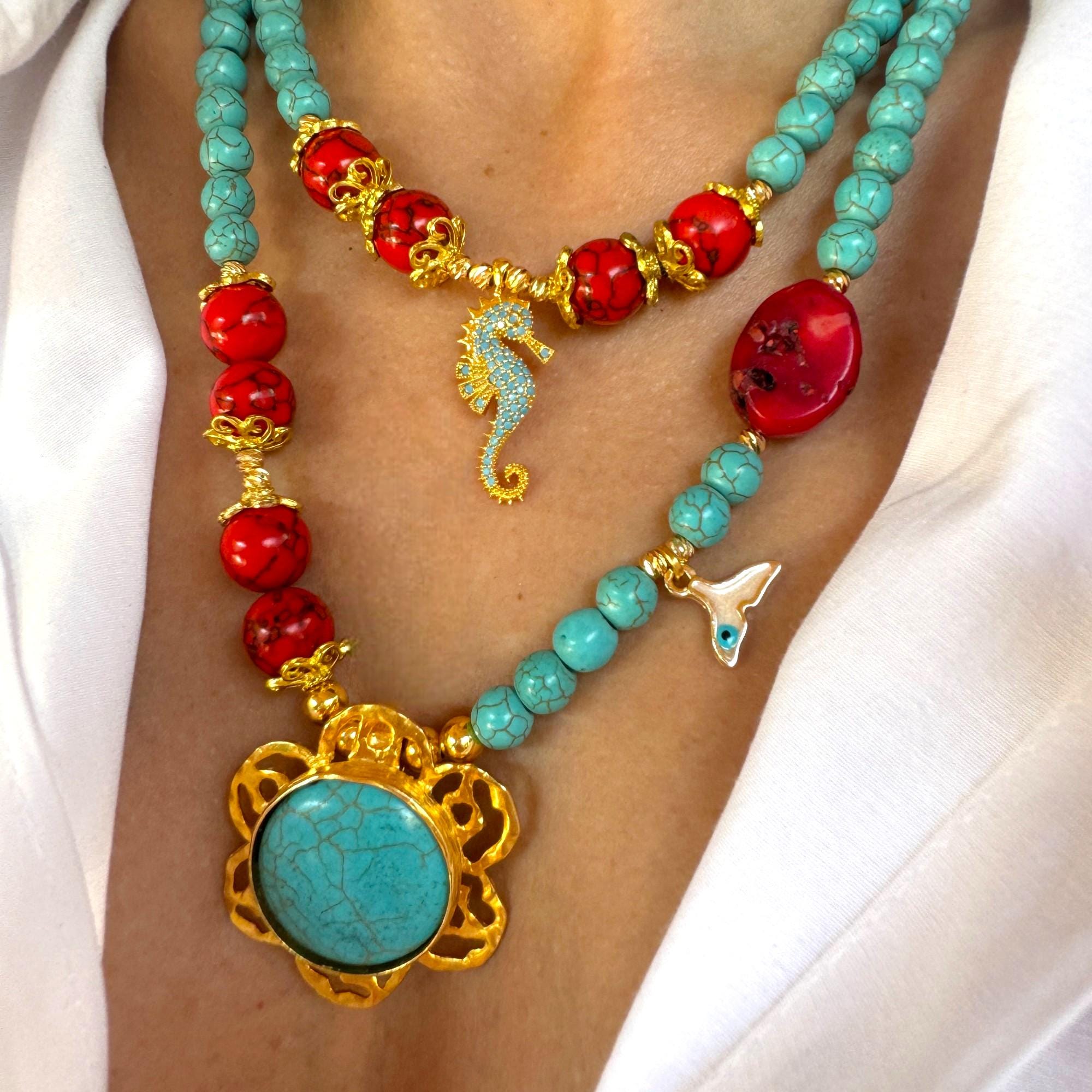 Multistrand Blue and Red Turquoise Necklace for Women, Beaded Gemstone ...