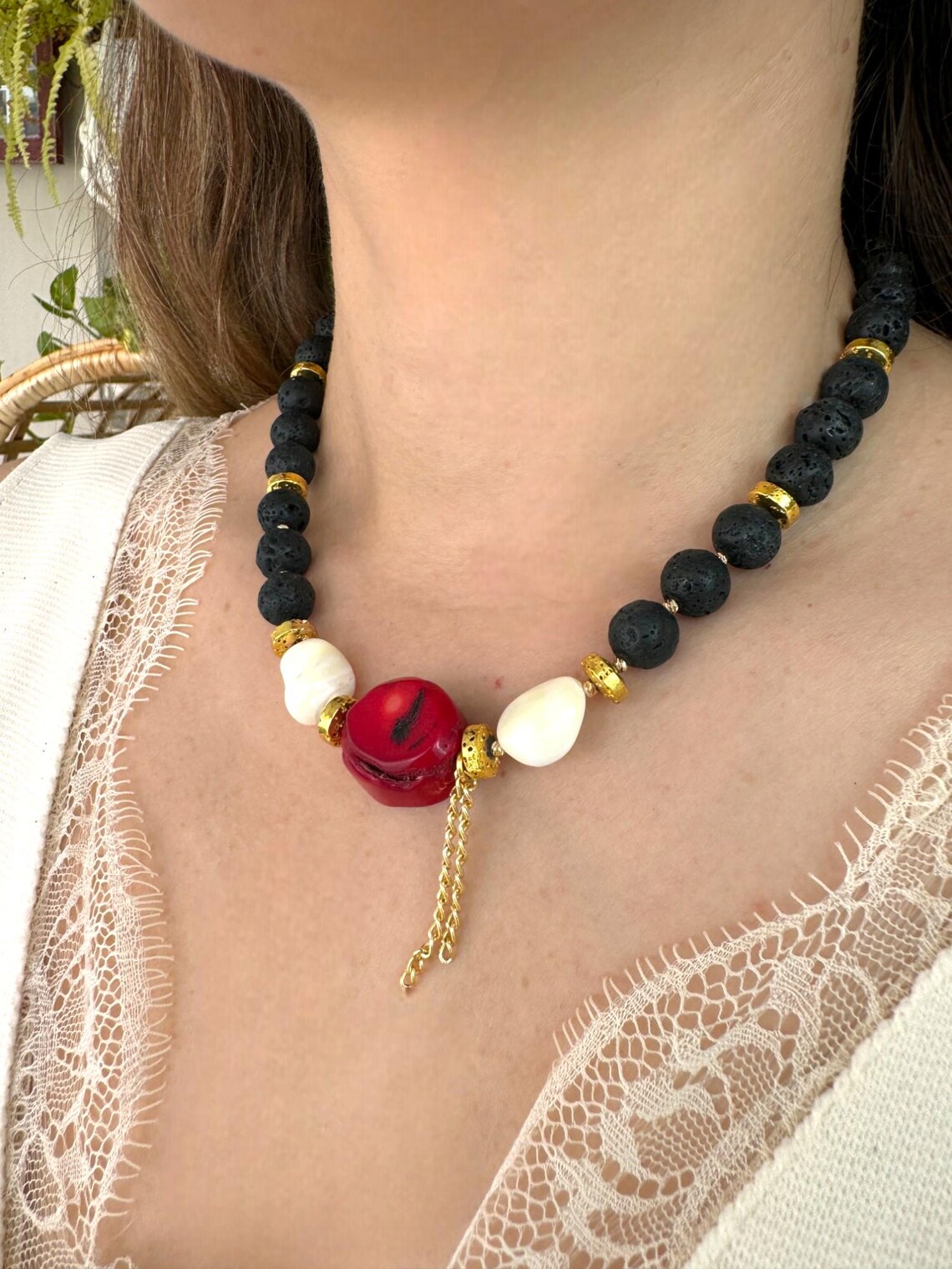 Lava Stone Necklace, Coral Stone Choker, Lava Rock Jewelry, Volcanic ...