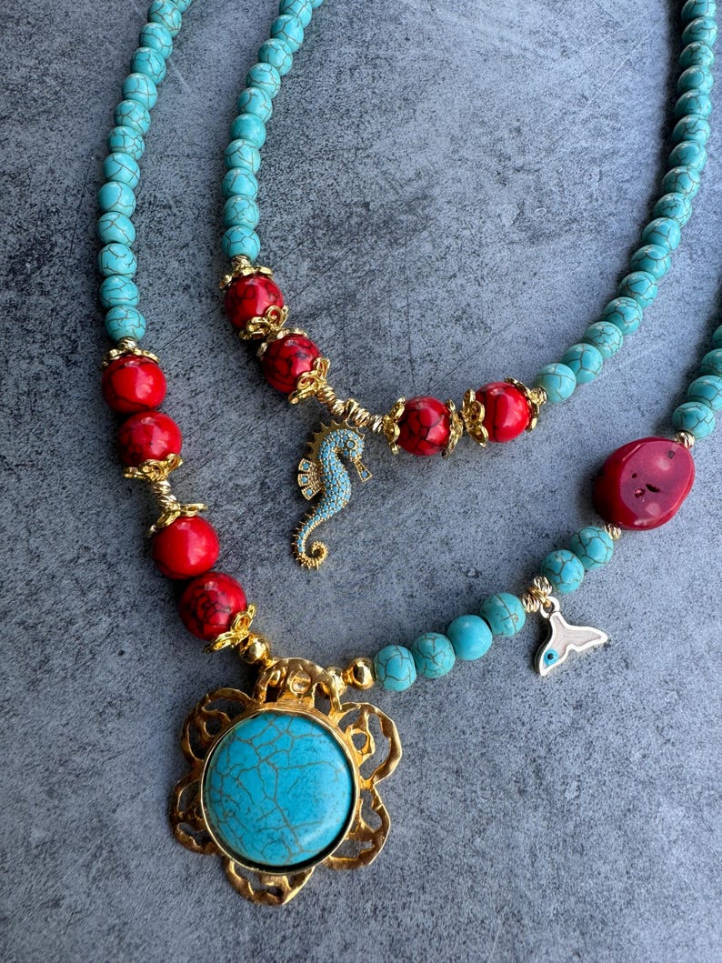 Multistrand Blue and Red Turquoise Necklace for Women, Beaded Gemstone ...