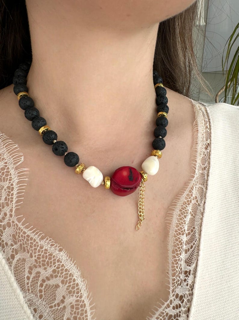 Lava Stone Necklace, Coral Stone Choker, Lava Rock Jewelry, Volcanic ...