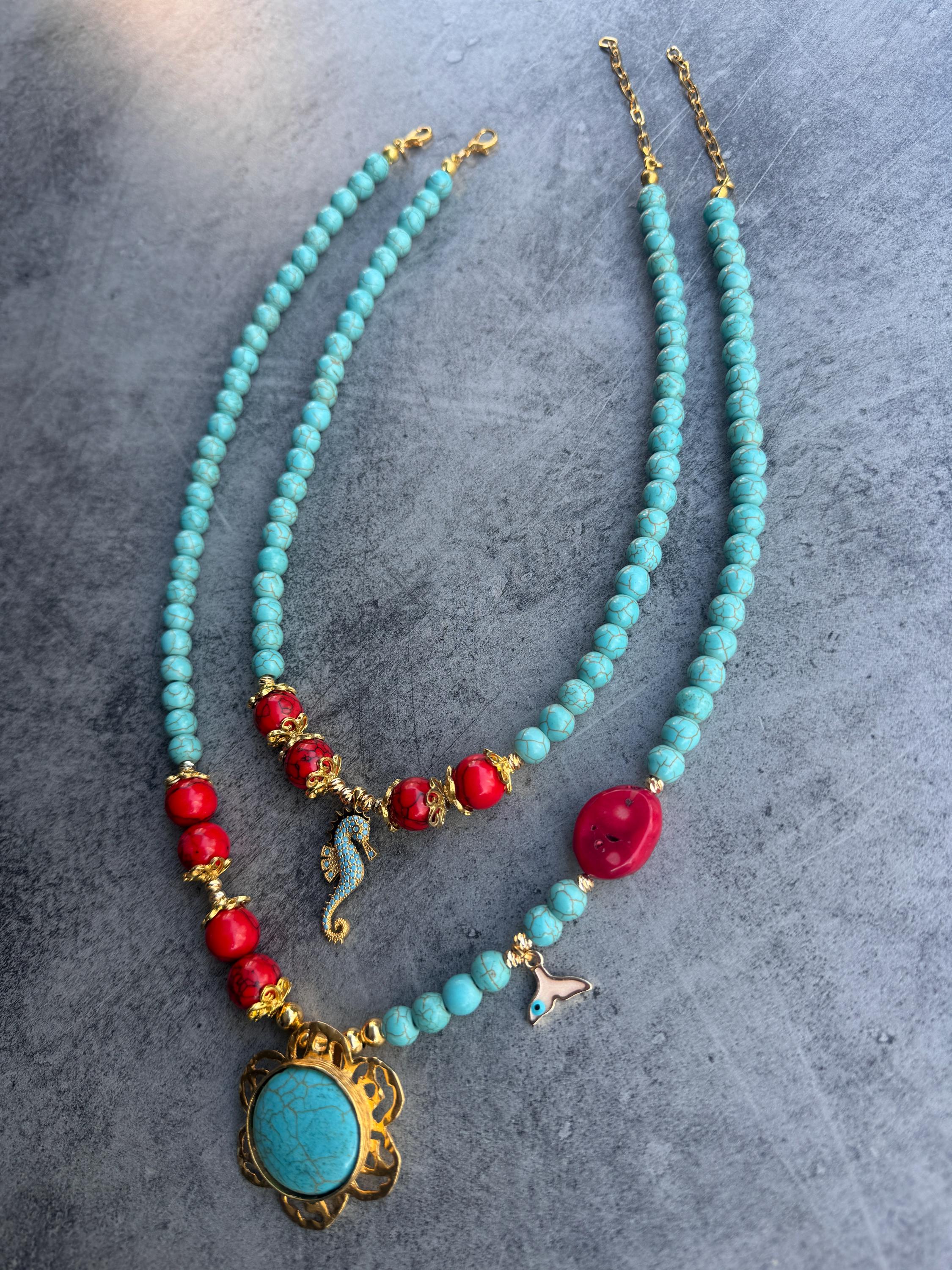 Multistrand Blue and Red Turquoise Necklace for Women, Beaded Gemstone ...