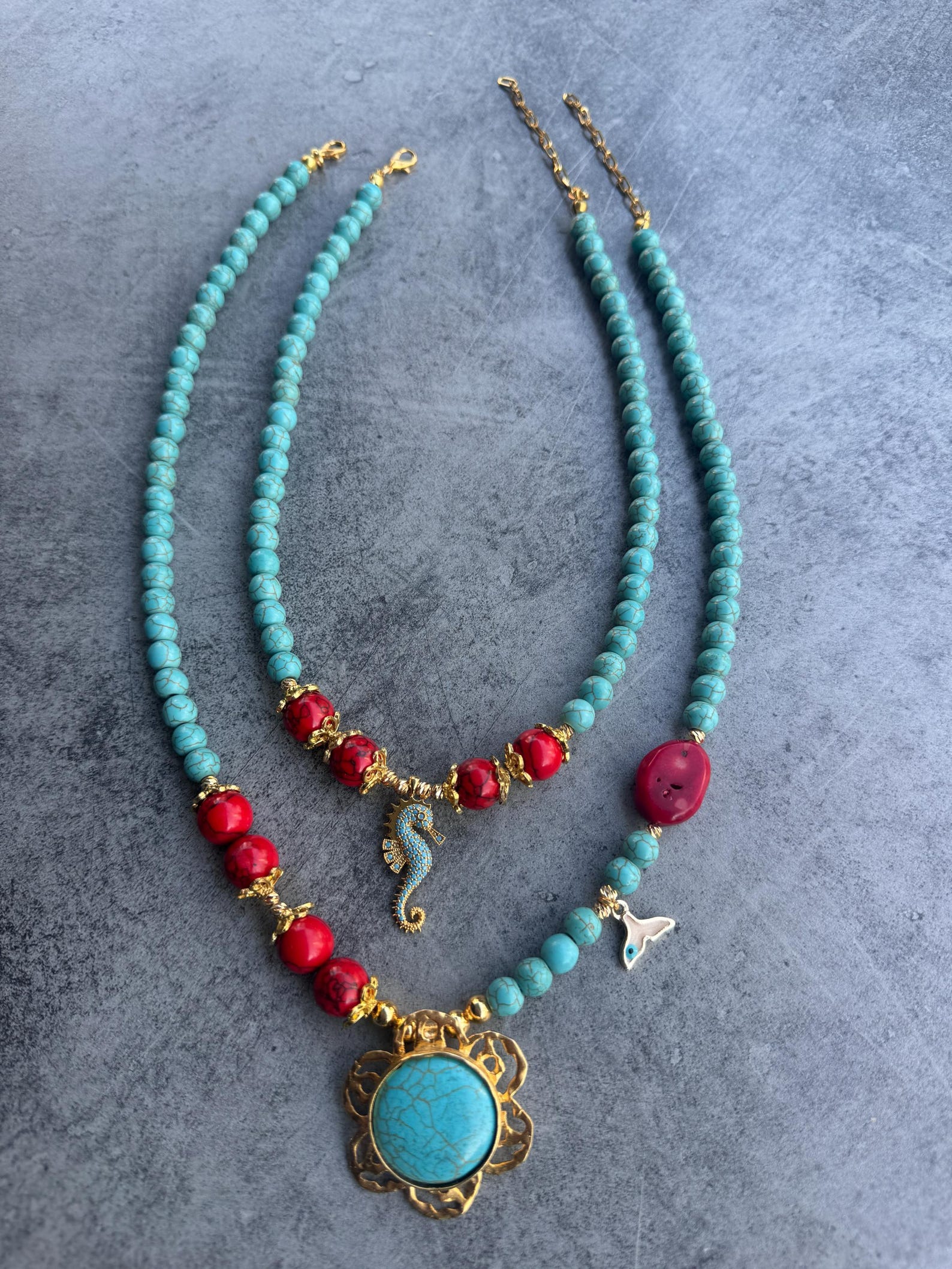 Multistrand Blue and Red Turquoise Necklace for Women, Beaded Gemstone ...